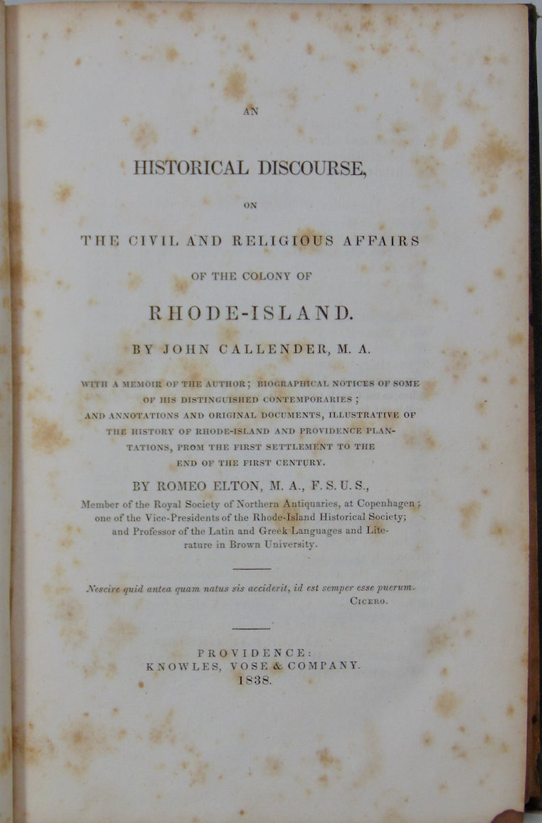 Rev. John Callender 1706-1748 History of Civil & Religious Affairs, Rh ...