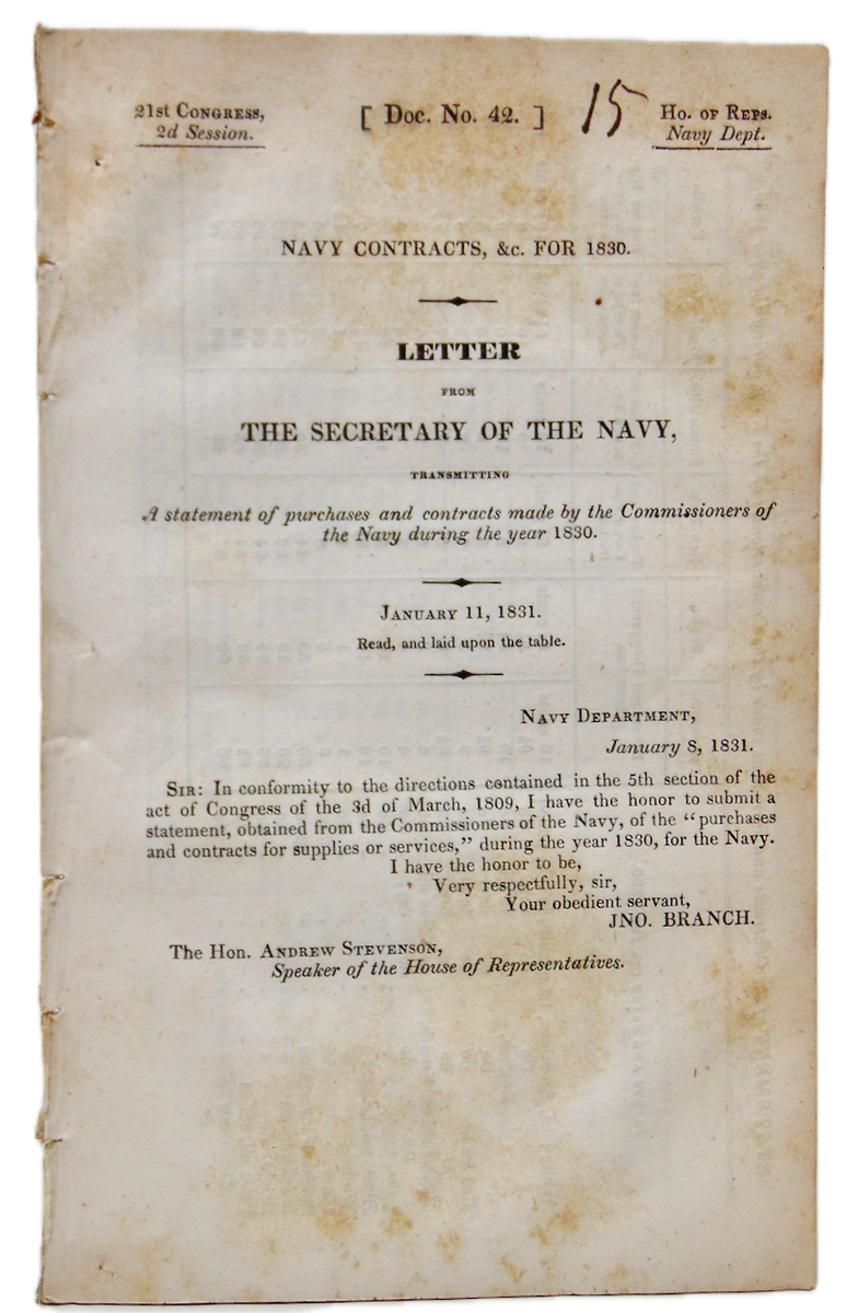 [US House Report]. US Navy Contracts, &c. for 1830 – Haaswurth Books