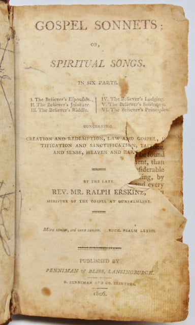 Erskine, Ralph. Gospel Sonnets; or, Spiritual Songs 1806 Lansingburgh ...